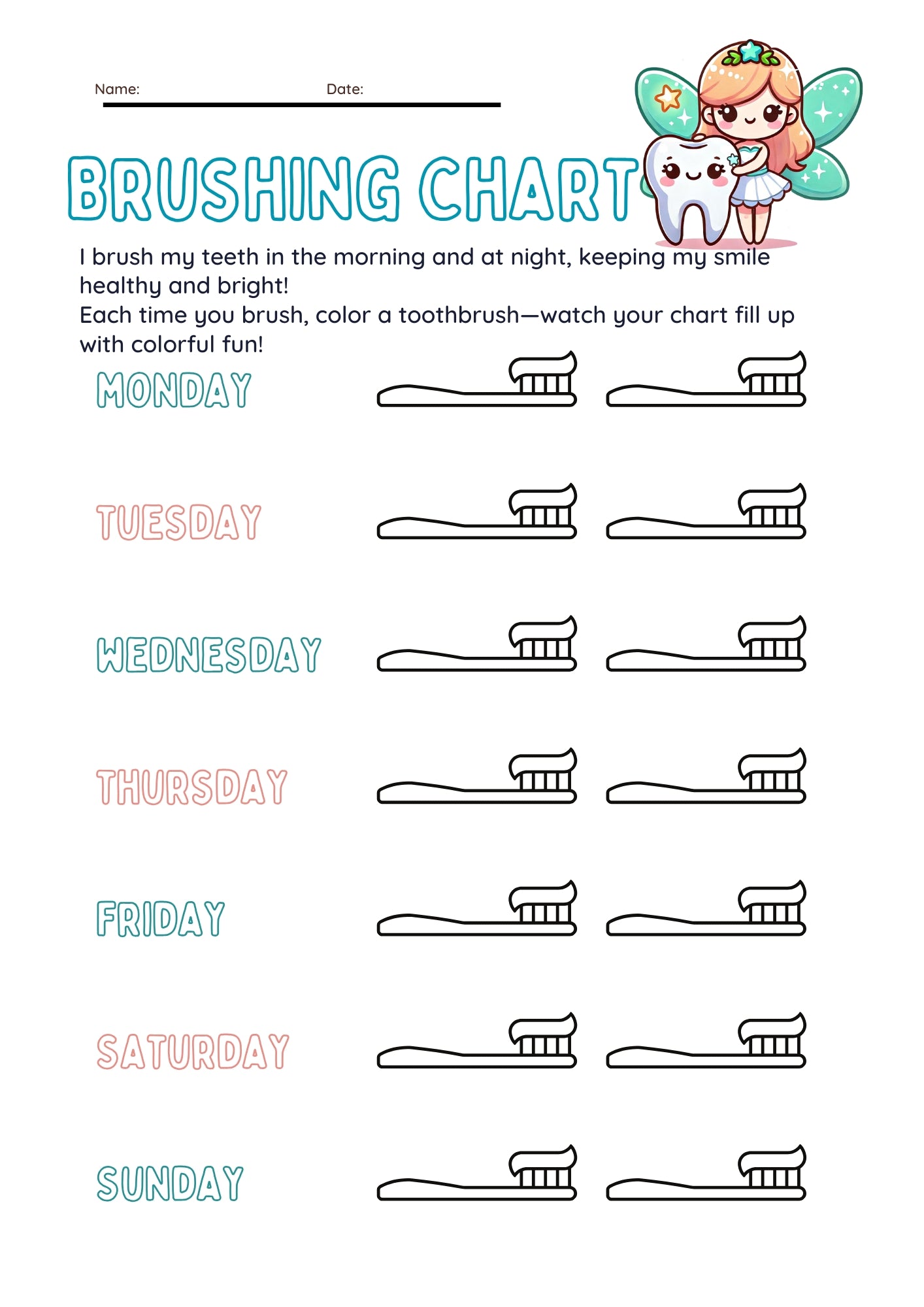 Free Tooth Brushing Chart Coloring Page – Fun Printable for Kids ...