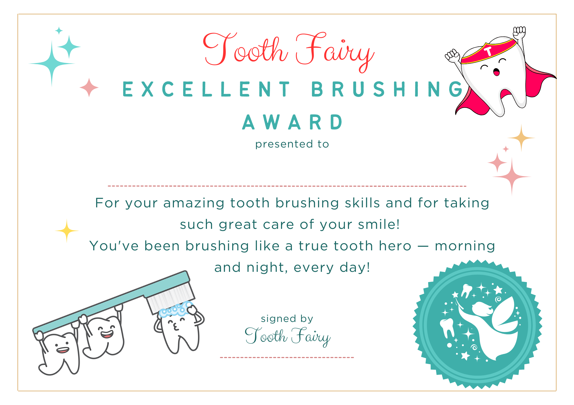 Free Tooth Fairy Brushing Award Certificate – Like The Stars