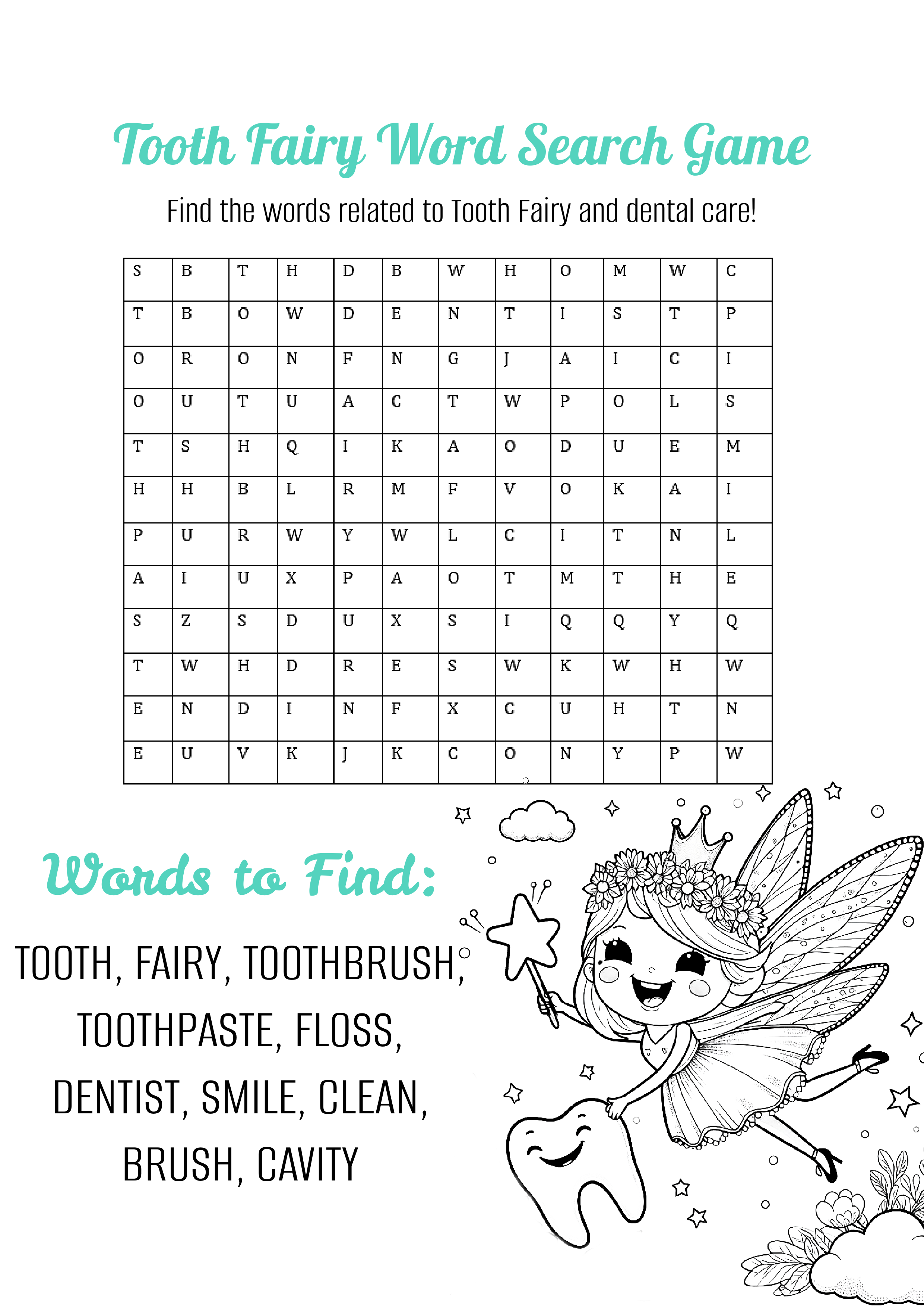 Free Printable Tooth Fairy Word Search Game for Kids - Fun & Education ...